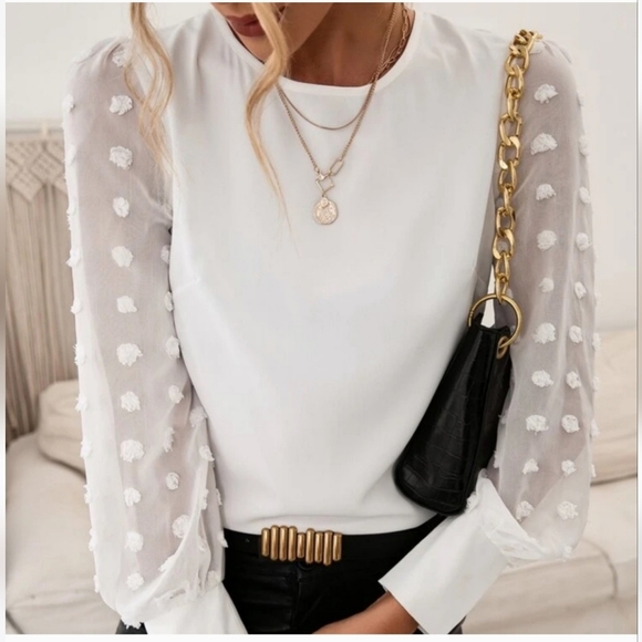 Boutique Brand | Tops | Elegant White Sheer Sleeve Blouse With Polka ...